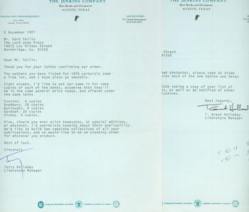 TLS (2) Terry Halladay to Herb Yellin, November 30 & December 8, 1977 ...