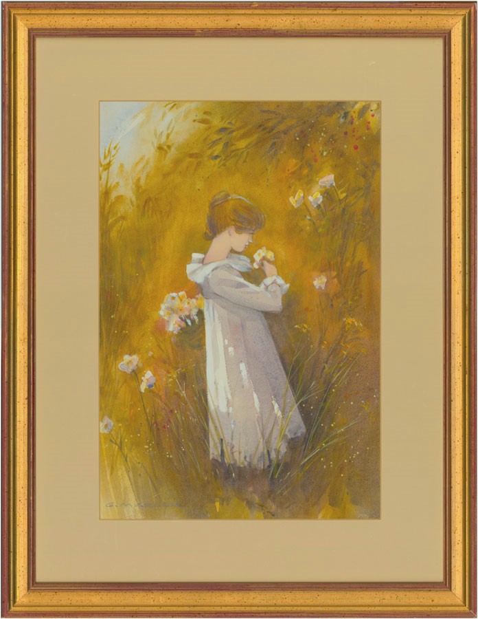 George Marler - Signed Contemporary Watercolour, Girl Picking Flowers ...