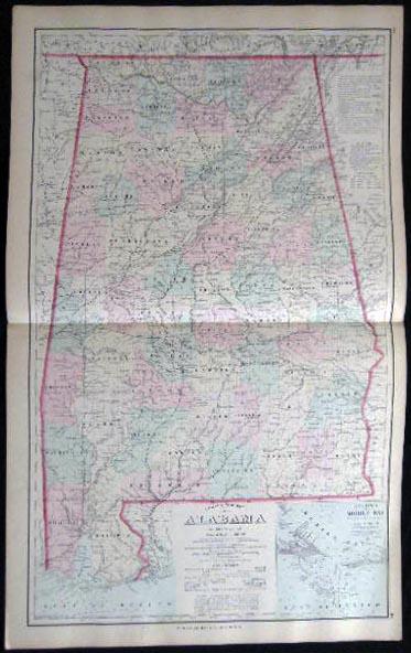 Original Double-Page Hand-Colored Gray's New Map of Alabama By Frank A ...
