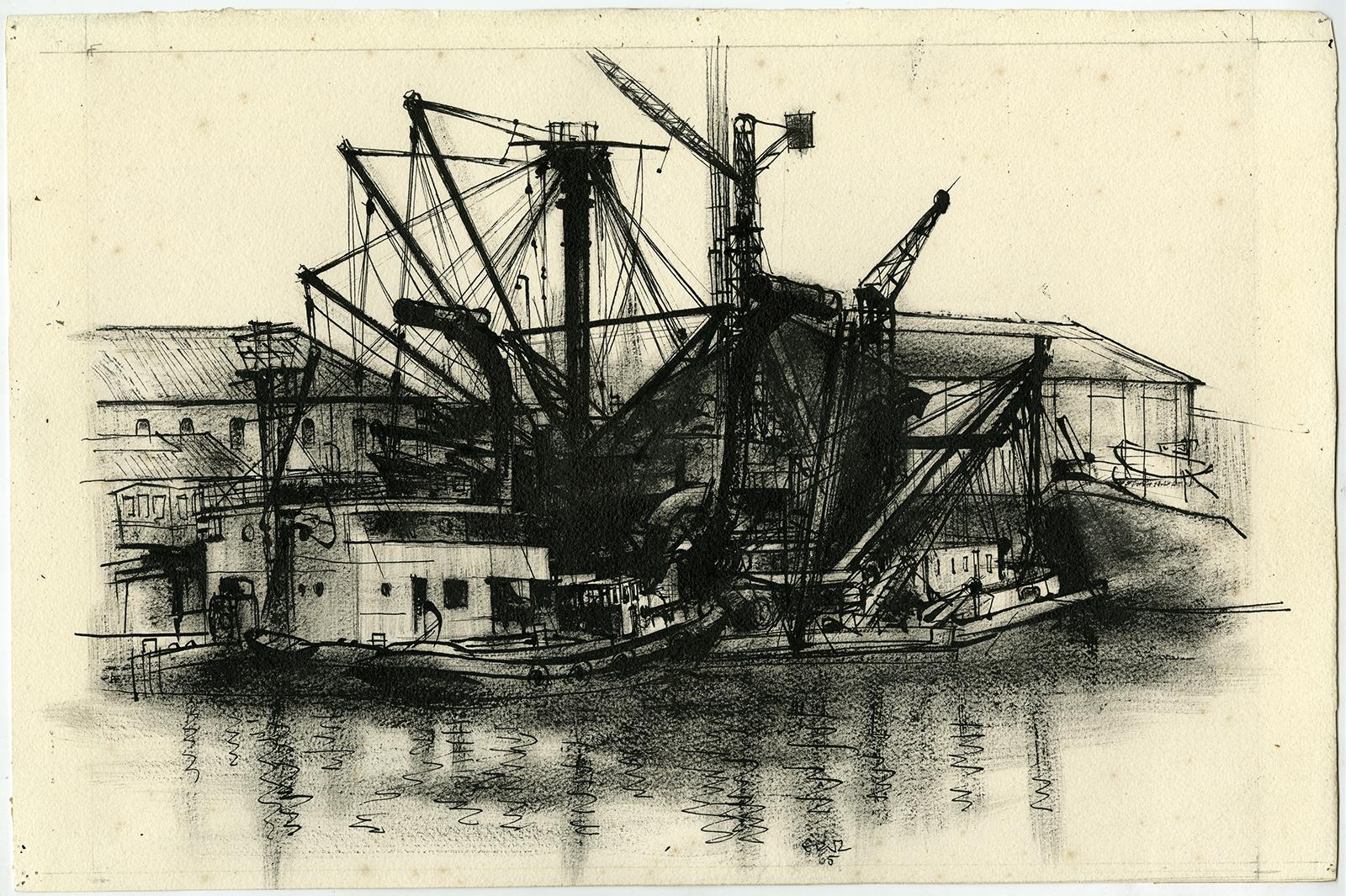 Antique Drawing-SEASCAPE-HARBOUR-TRANSHIPMENT-ROTTERDAM-Zanden-1965 ...