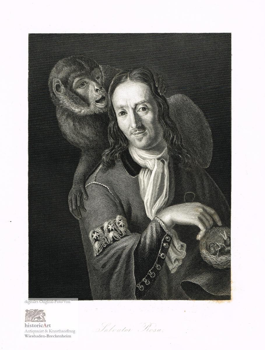 Salvator Rosa. Halbfigur im Kostüm mit Affe und Vogelnest. Stahlstich ...