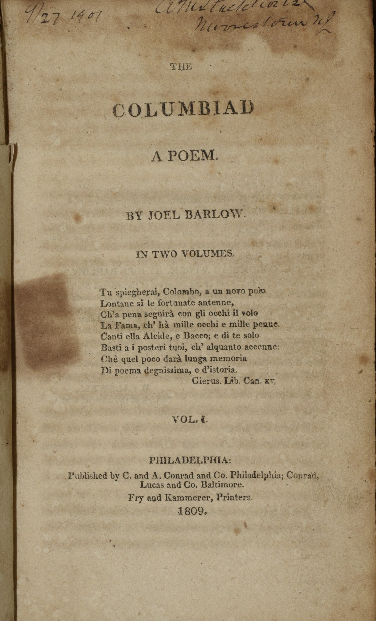 THE COLUMBIAD: A POEM. IN TWO VOLUMES. VOLUME I & II. (TWO VOLUMES) by ...