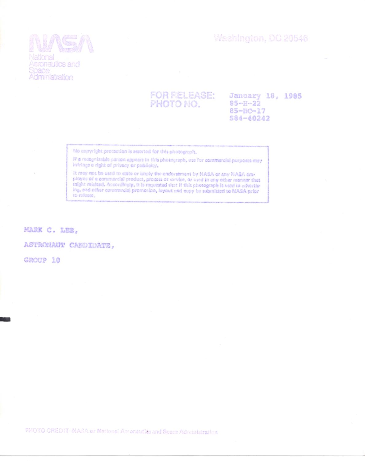 SIGNED PHOTOGRAPH OF NASA SHUTTLE ASTRONAUT MARK C. LEE by Lee, Mark C ...