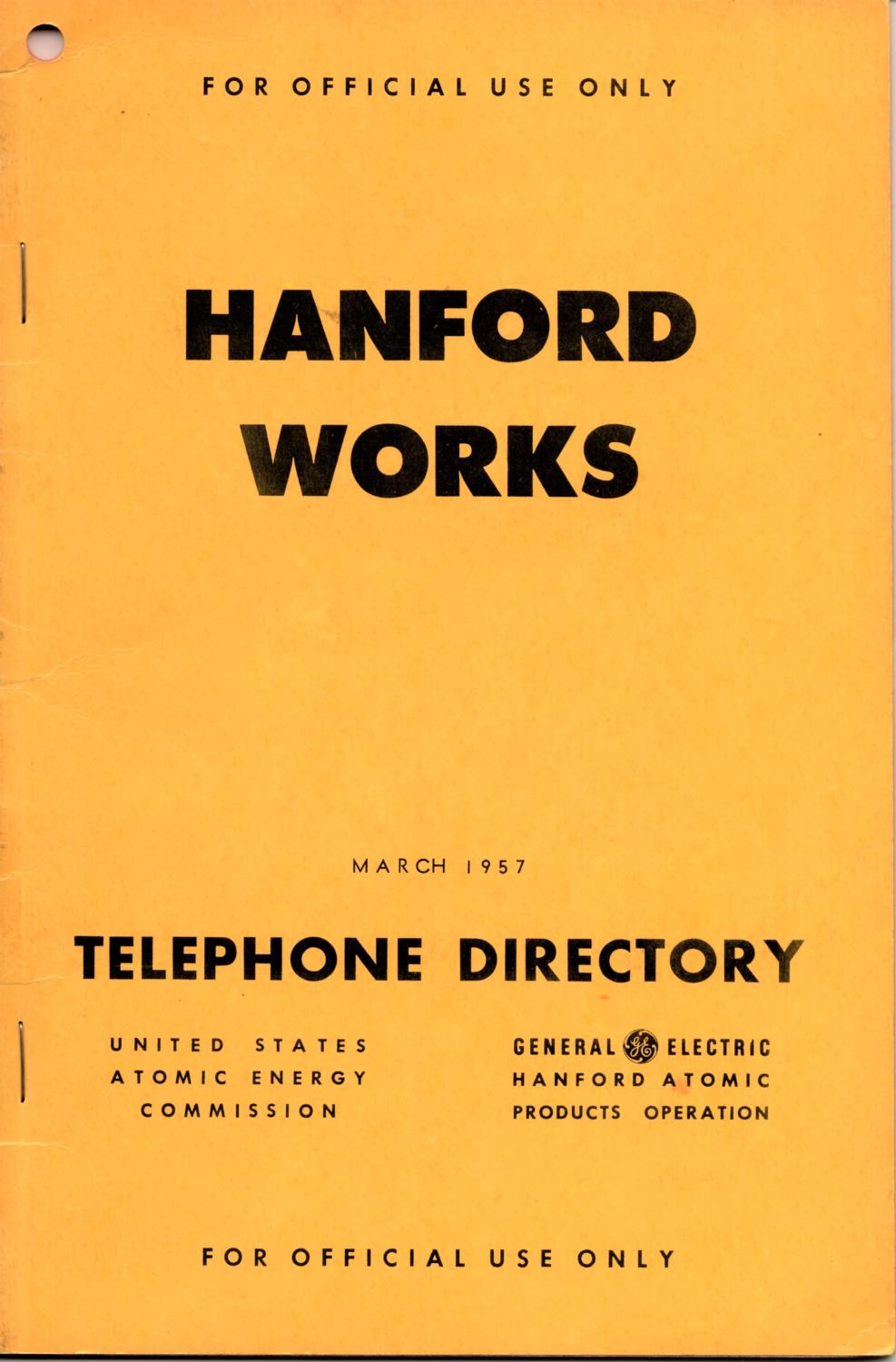 HANFORD WORKS TELEPHONE DIRECTORY MARCH 1957: Collectible-Very Good ...