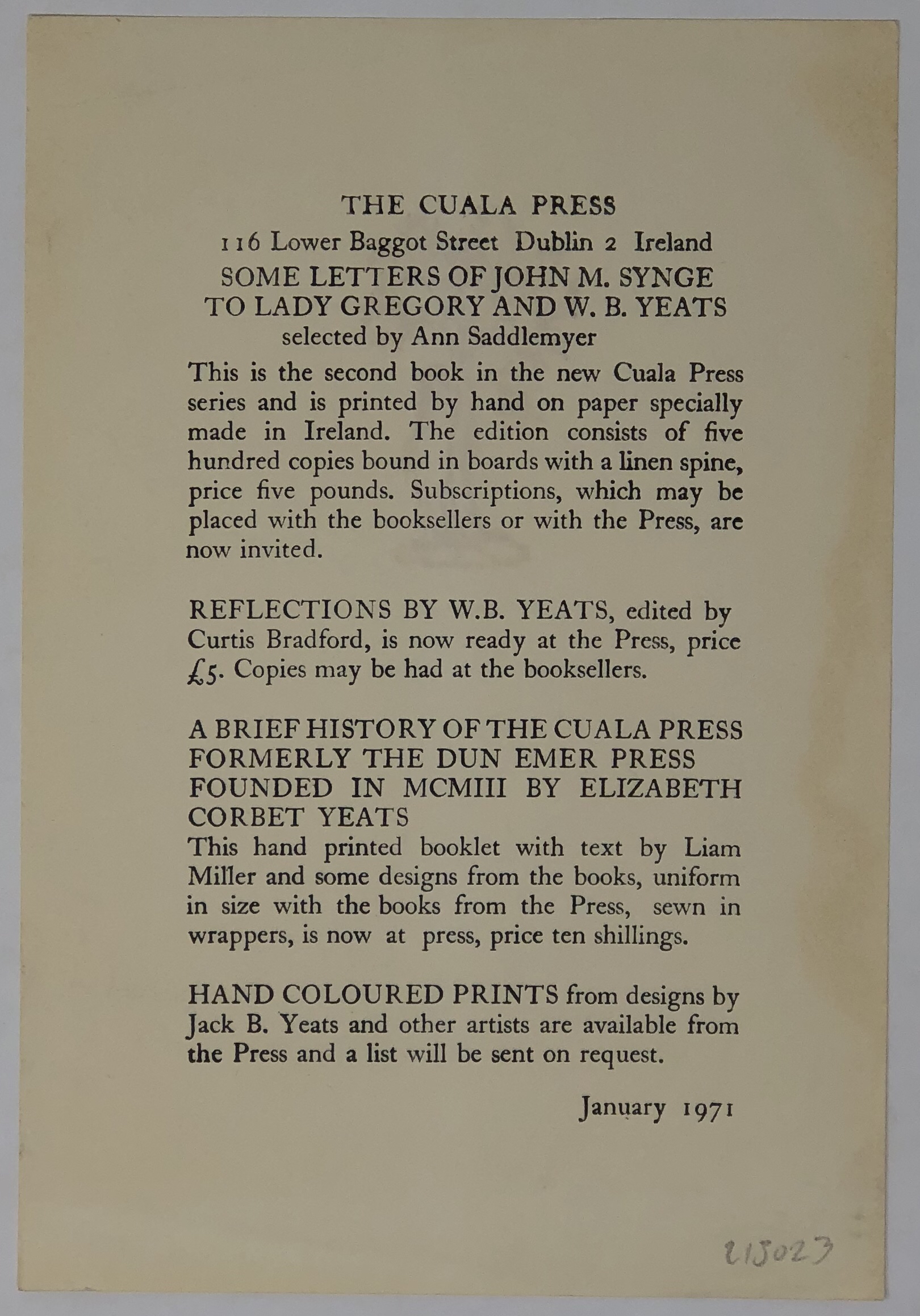 [Announcement for 'Reflections' by W.B. Yeats and 'A Brief History of ...