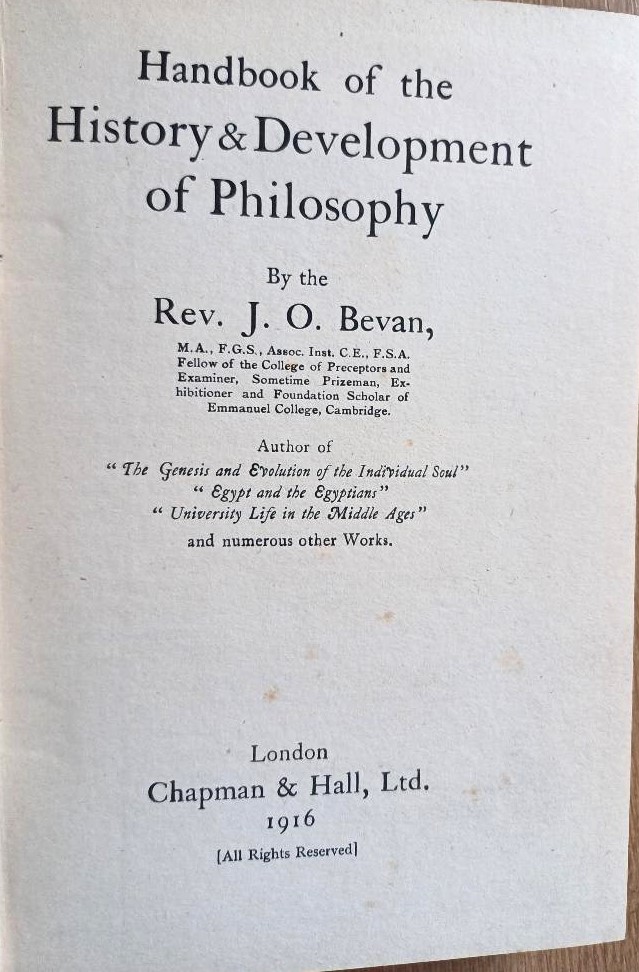 HANDBOOK OF THE HISTORY & DEVELOPMENT OF PHILOSOPHY by BEVAN, Rev.J.O ...