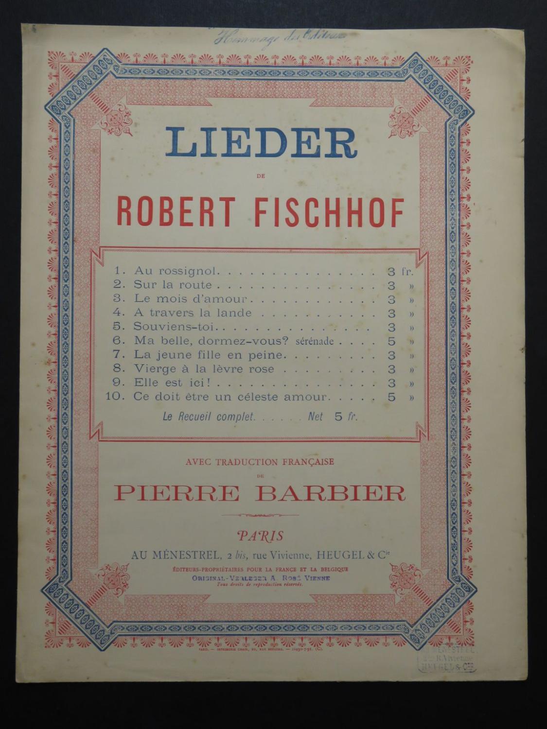 FISCHHOF Robert A travers la Lande Chant Piano 1891 by FISCHHOF Robert A travers la Lande Chant ...