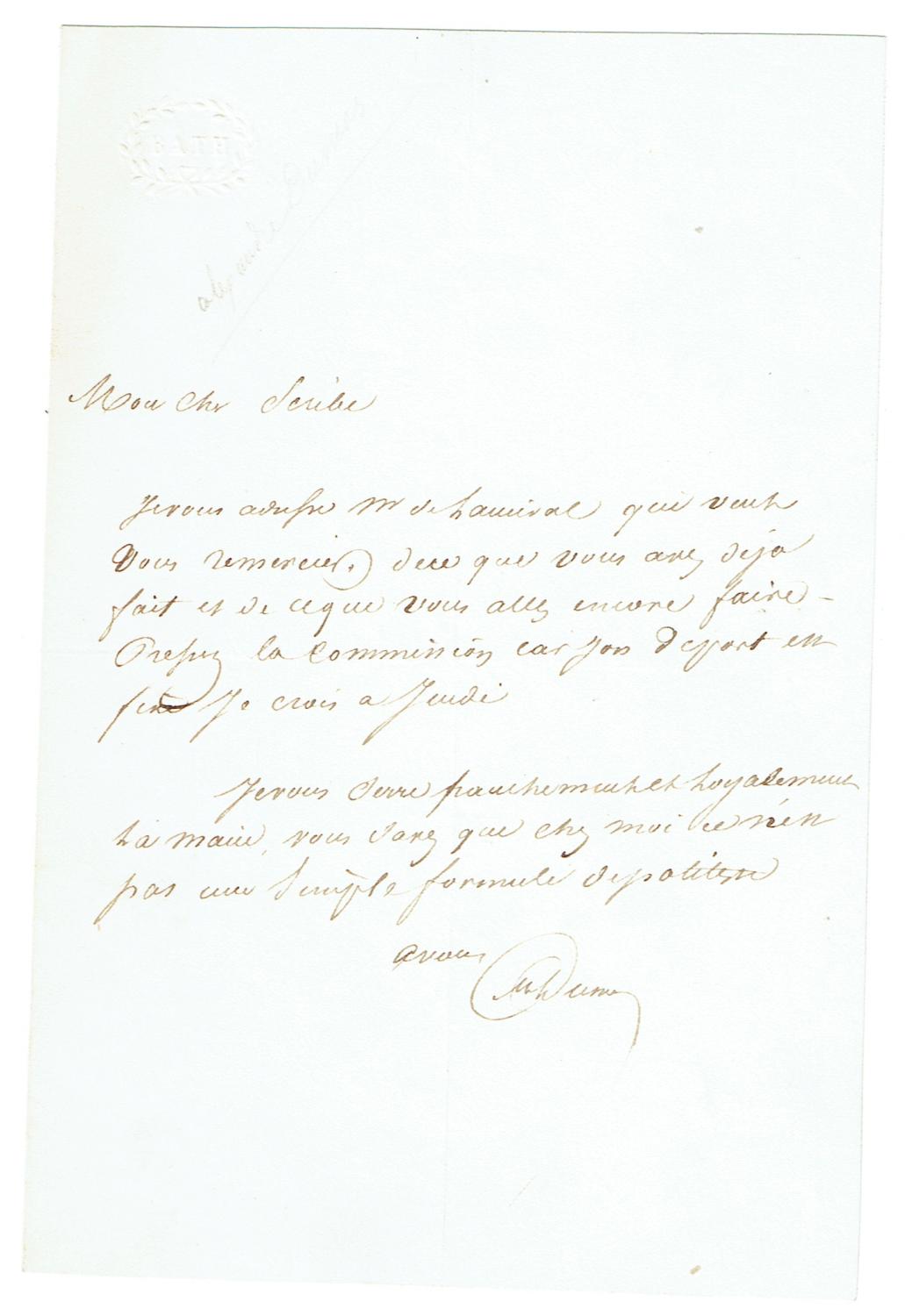Autograph letter signed. by Dumas (père), Alexandre, French writer ...
