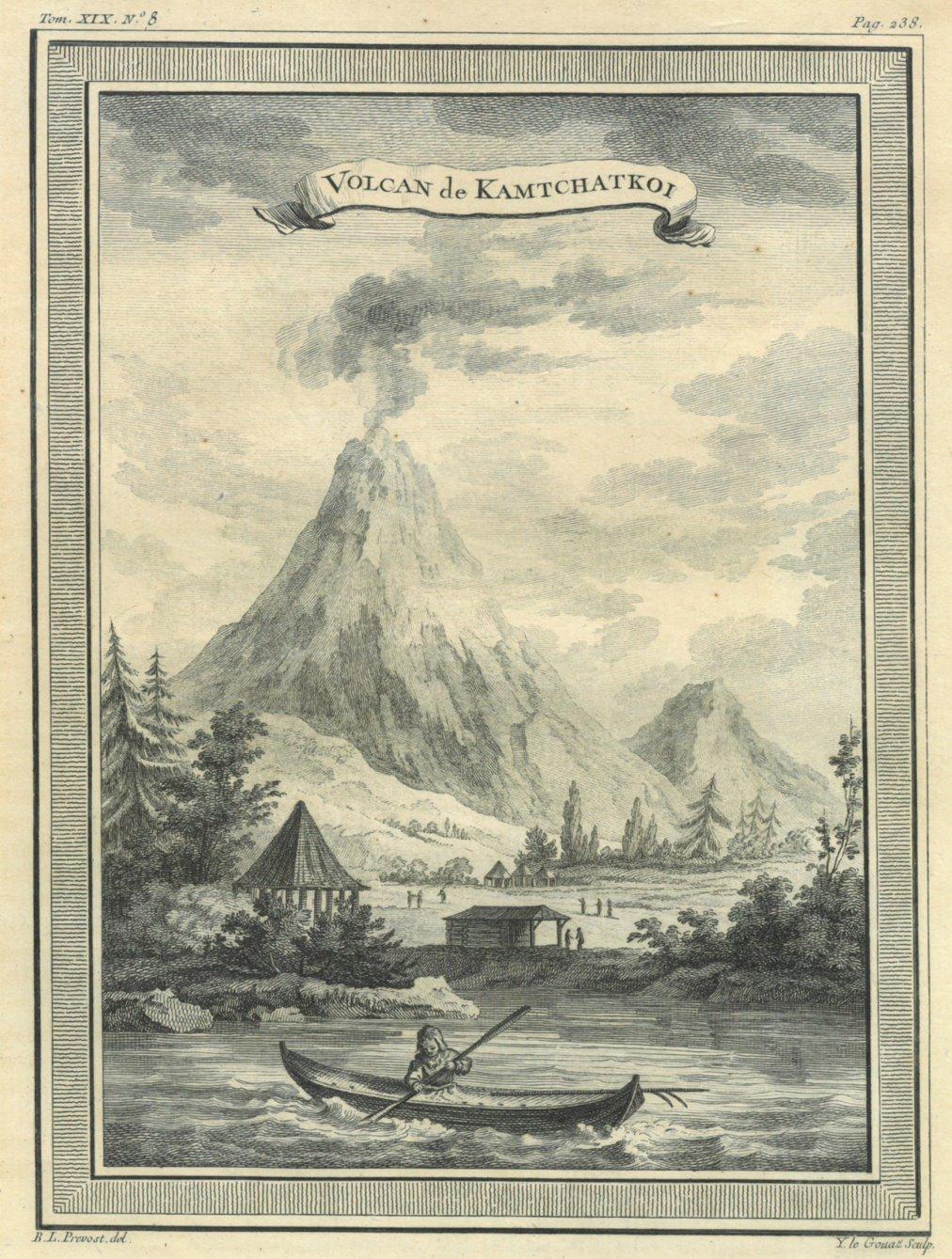 KAMTSCHATKA. "Volcan de Kamtchatkoi". Blick zum Vulkan, vorne Häuser ...