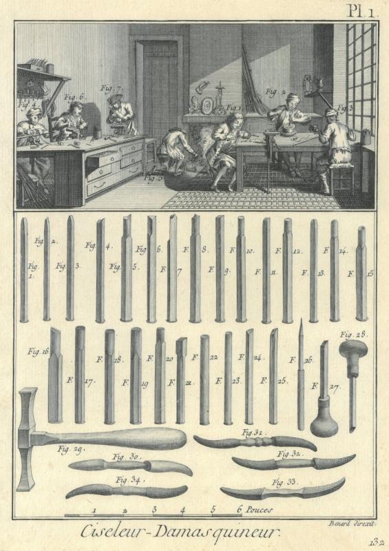 ZISELEUR. "Ciseleur - Damaquineur". Werkstatt mit sieben Arbeitern beim ...