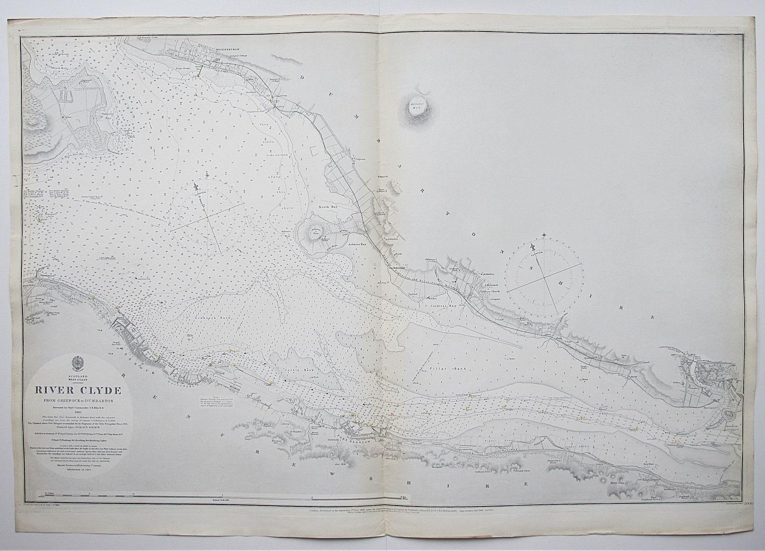1880 SCOTLAND RIVER CLYDE GREENOCK TO DUMBARTON ANTIQUE ADMIRALTY CHART ...