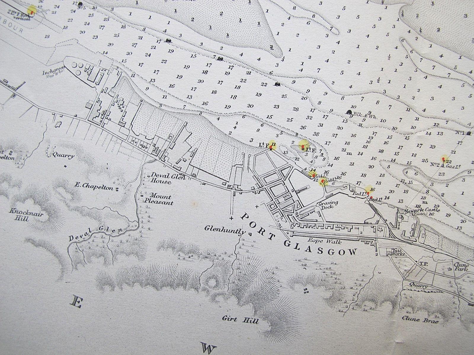 1880 SCOTLAND RIVER CLYDE GREENOCK TO DUMBARTON ANTIQUE ADMIRALTY CHART ...