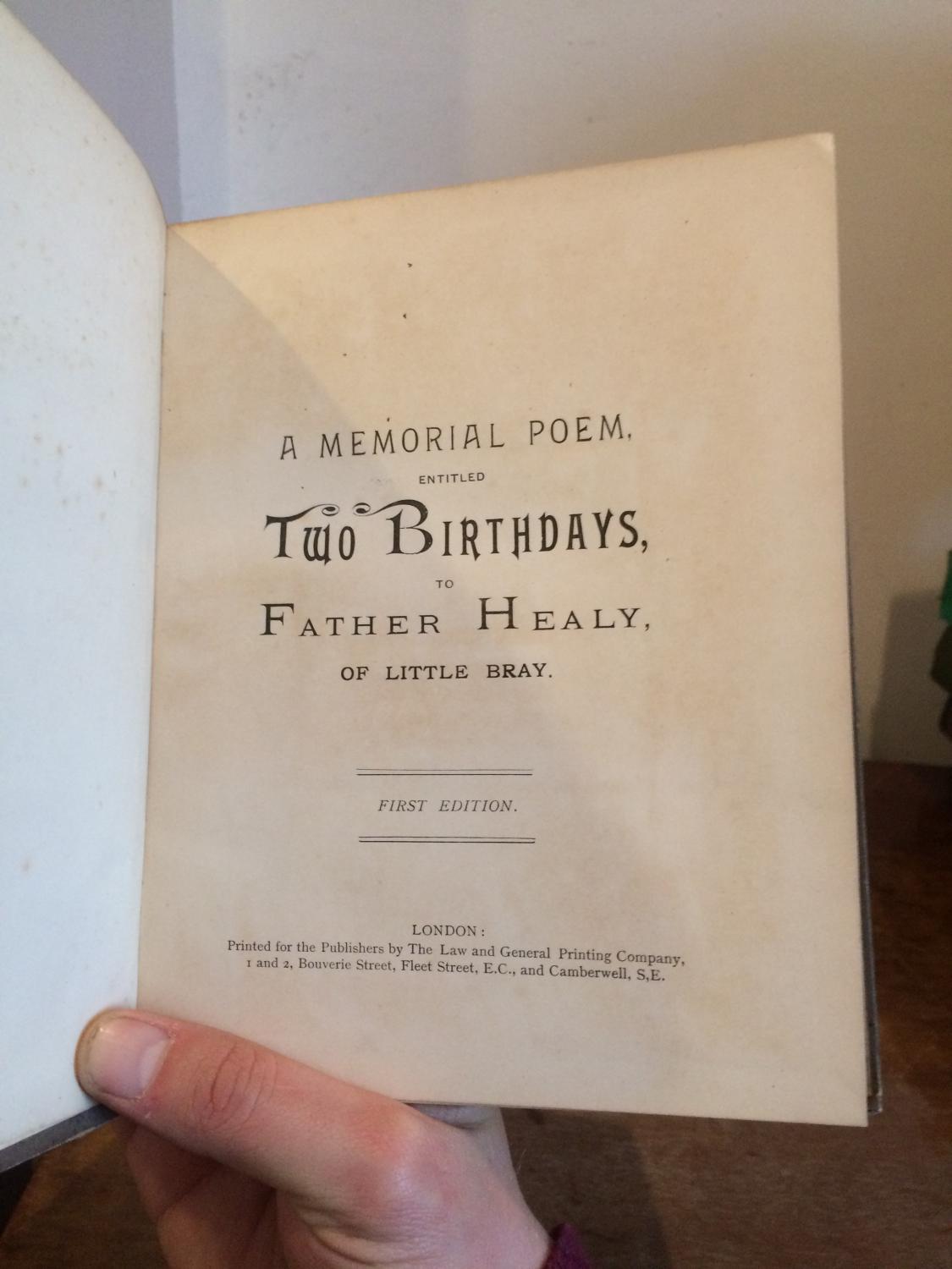 A Memorial Poem entitled Two Birthdays to Father Healy of Little Bray ...