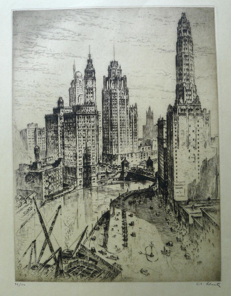 Mather Tower, Chicago etching by Arthur Cadogan Blunt. by BLUNT, Arthur ...