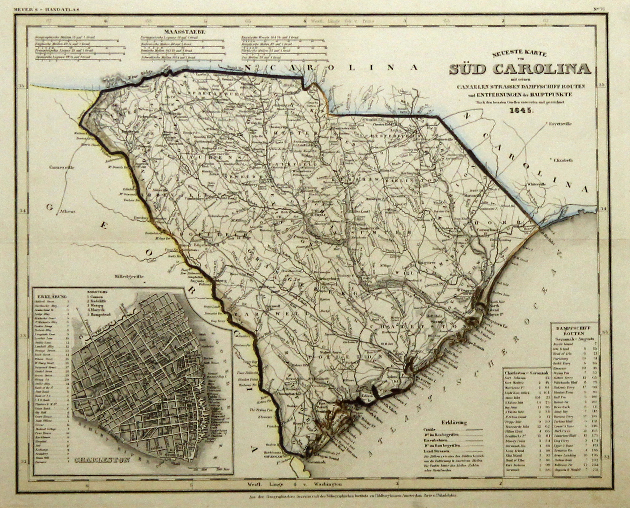 Stahlstich- Karte, aus Meyers Grosser Handatlas, "Neueste Karte von Süd ...