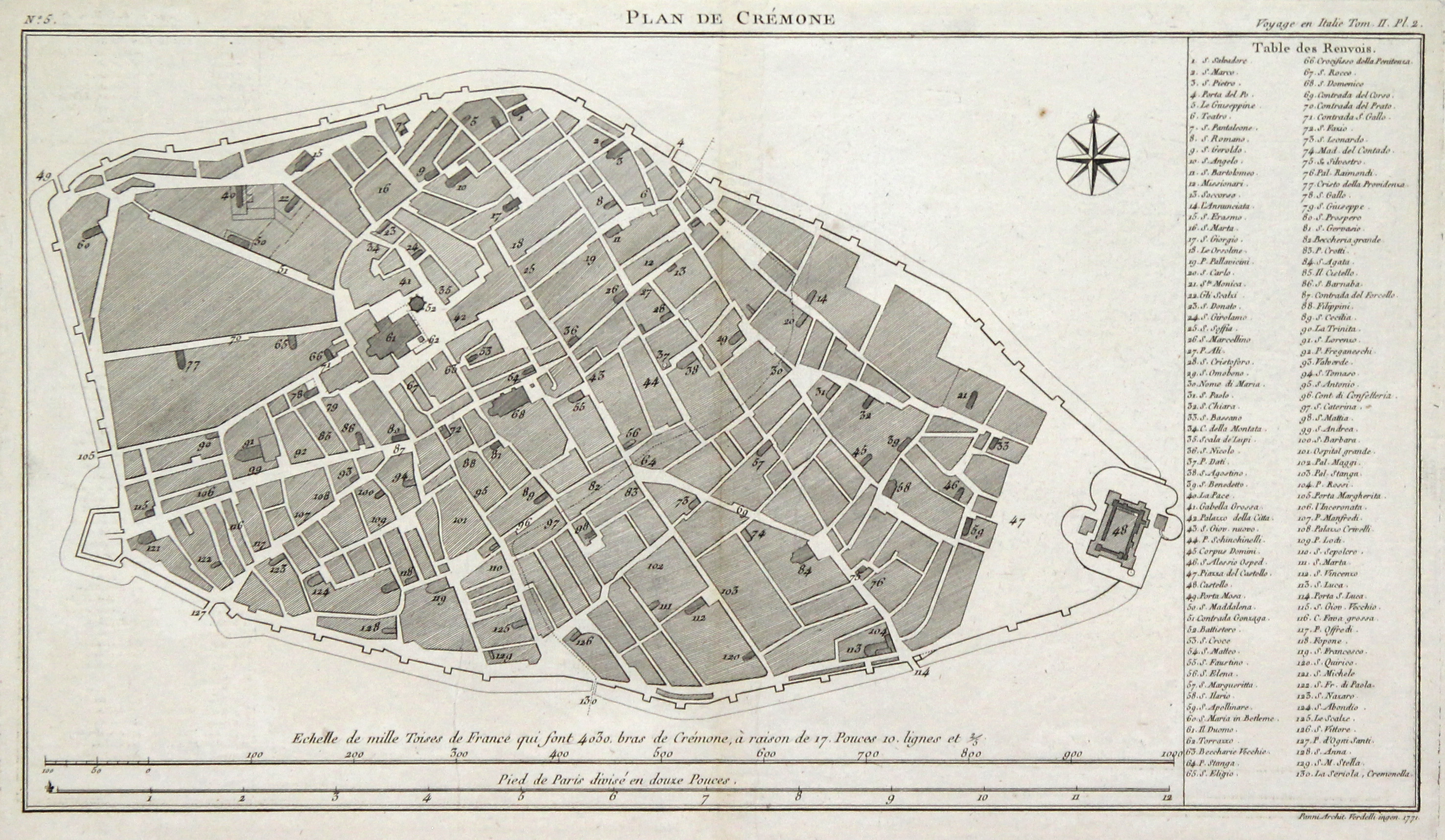 Stadtplan, am linken Rand Erklärungen von 1 - 130. "Plan de Crémone ...