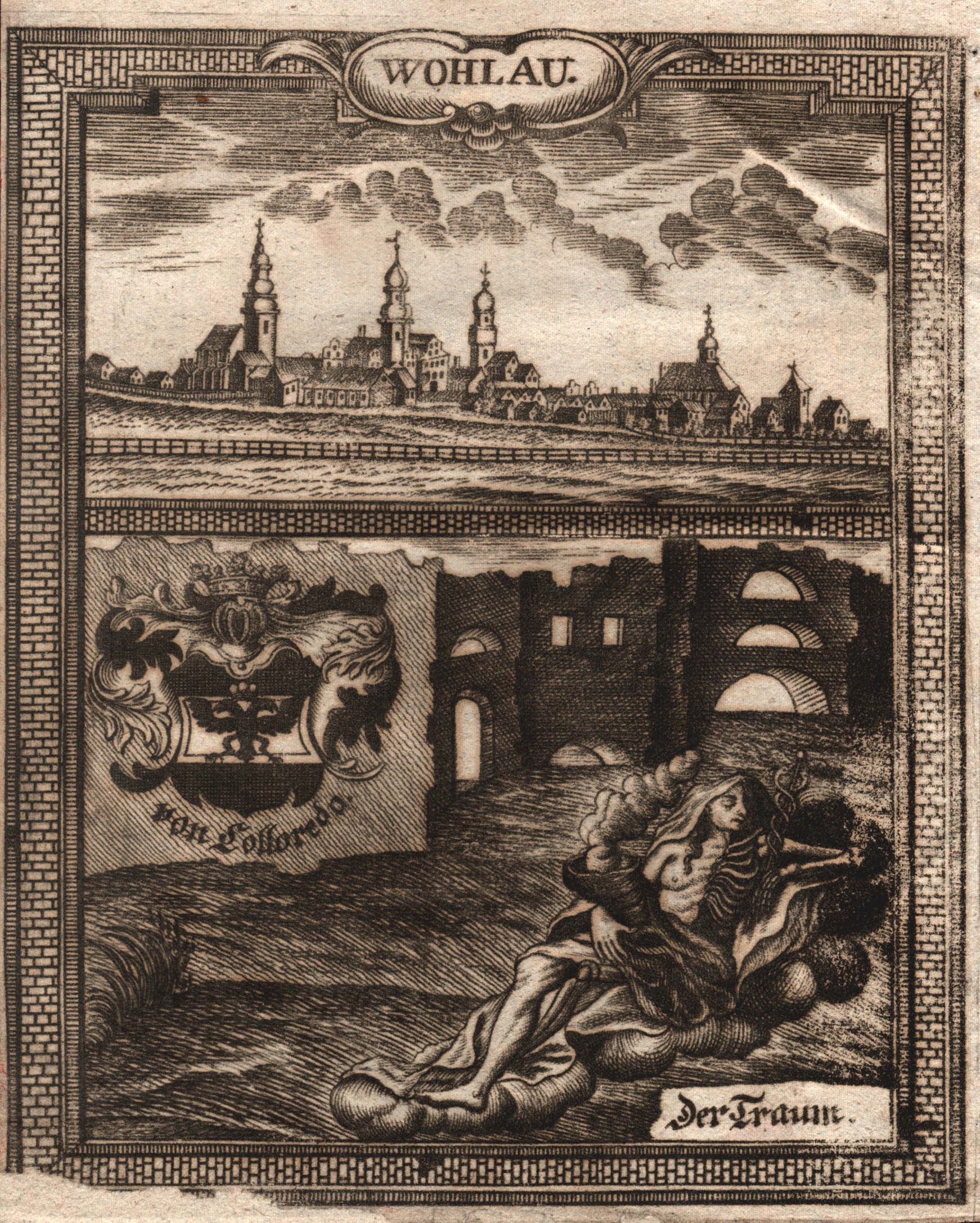 Gesamtansicht, darunter Wappen und Allegorie. by Wohlau ( Wolów ):: Art ...