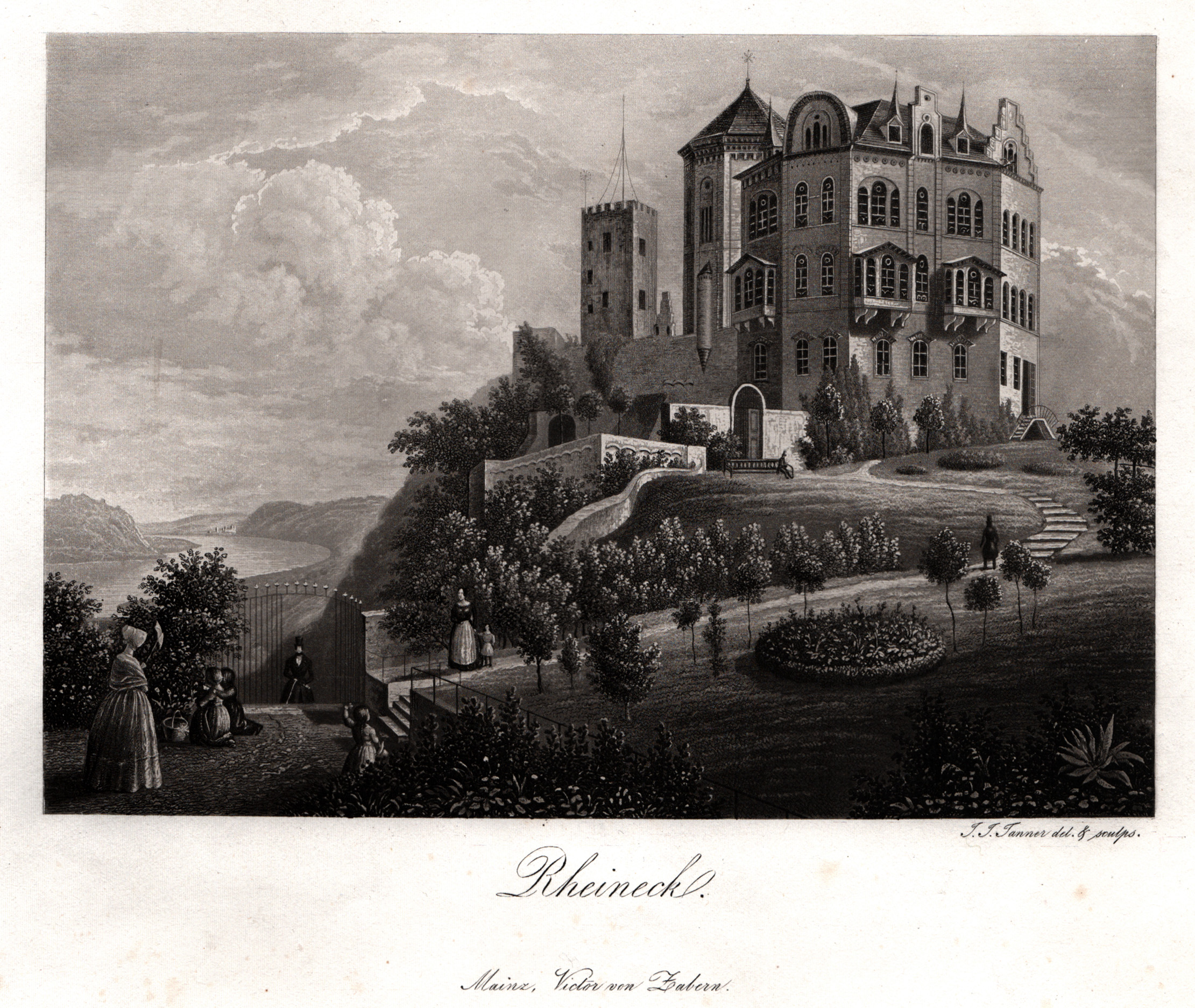 Burgansicht v. Norden, links Aufstieg zur Burg und Blick ins Rheintal ...