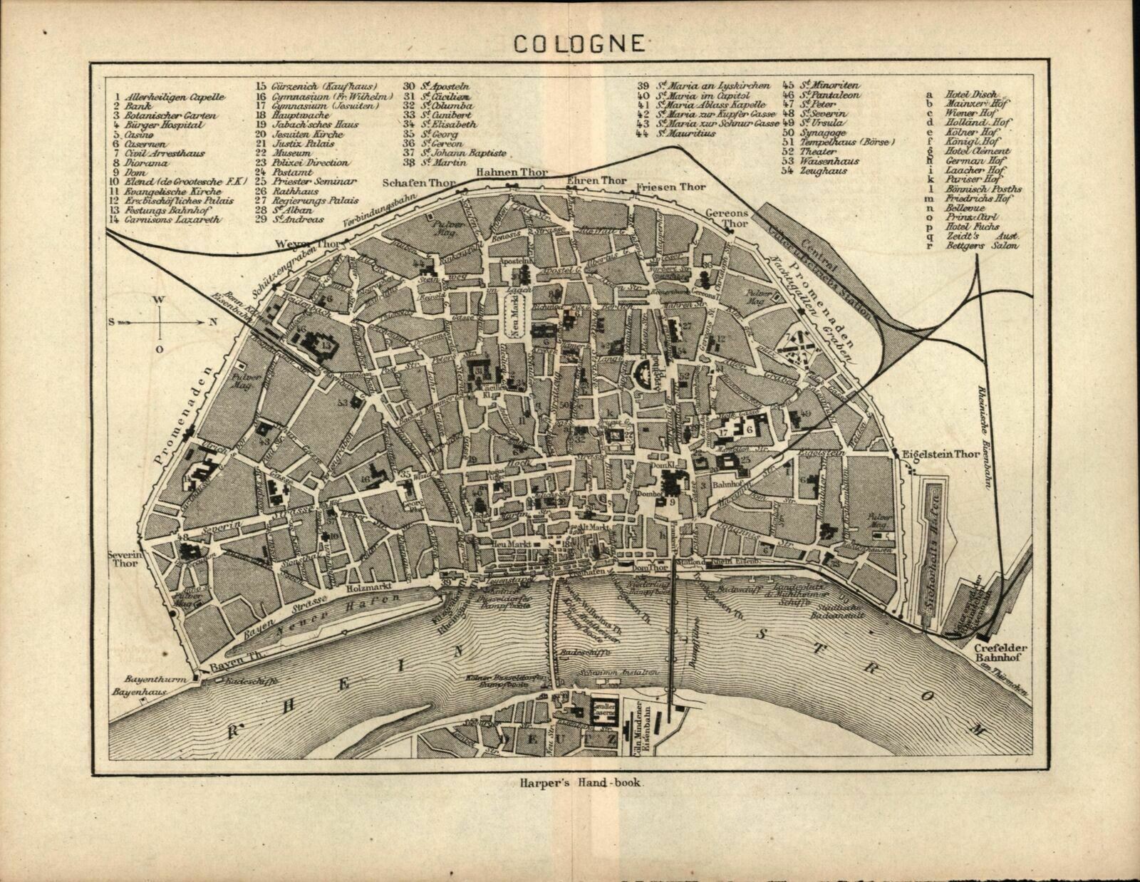 Cologne Germany Rhine river 1873 detailed old city plan map: (1873) Map ...