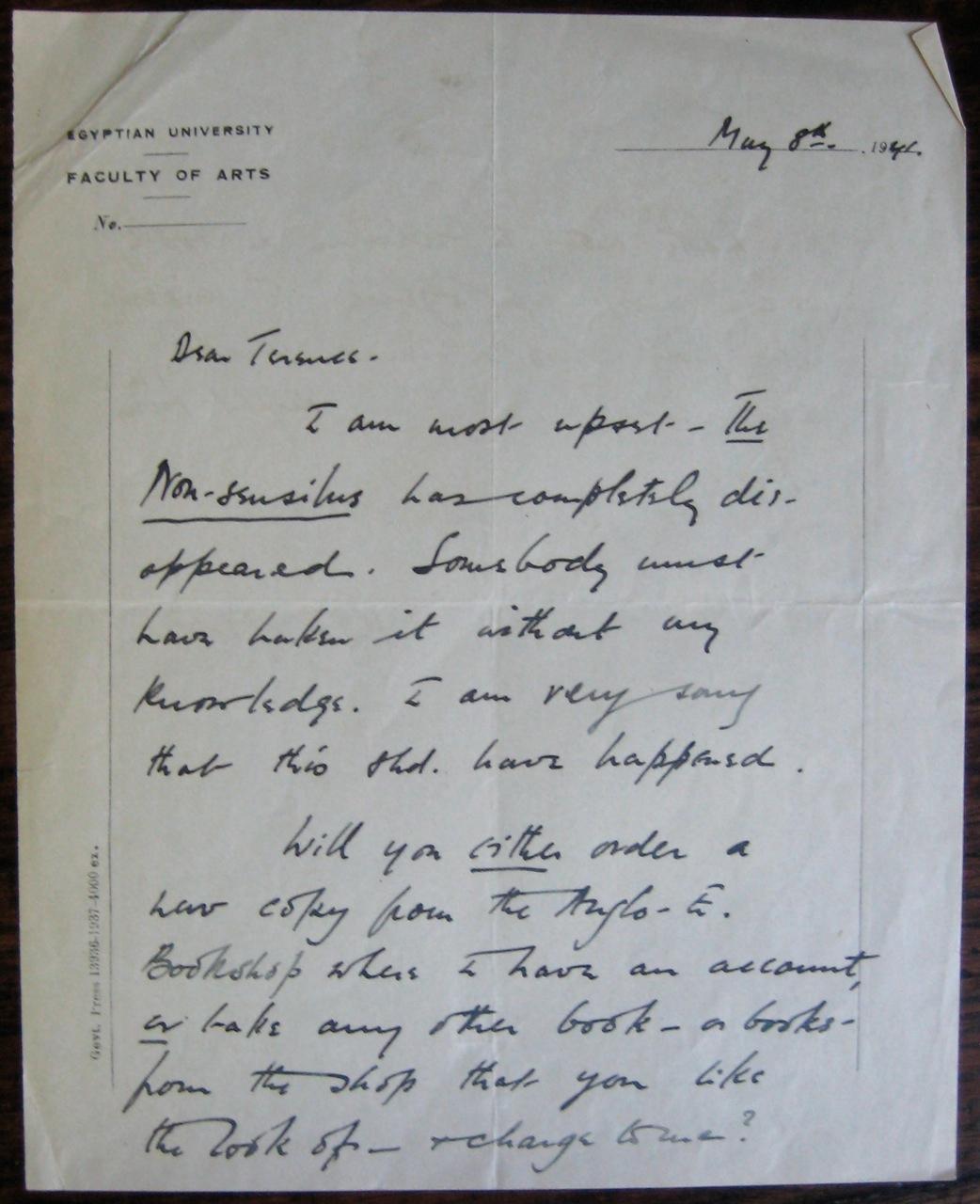 Autograph letter to Terence Tiller, from Cairo, 1941 by Robin Fedden ...