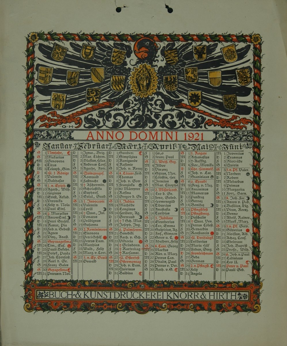 Kalender für das Jahr 1921. Ein Blatt beidseitig bedruckt (Januar bis ...