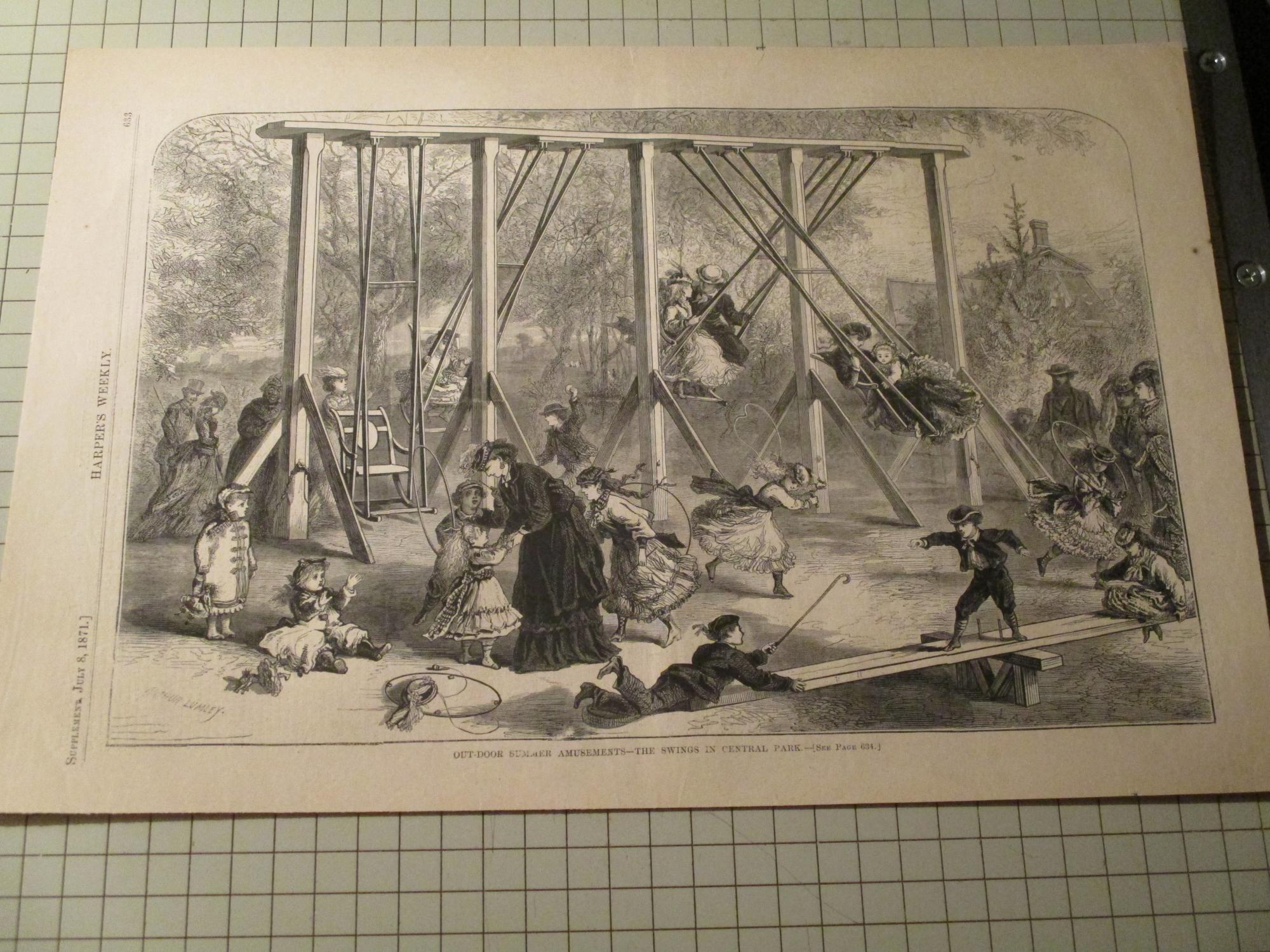 1871 HW Engraving "Out Door Summer Amusements--The Swings in Central ...