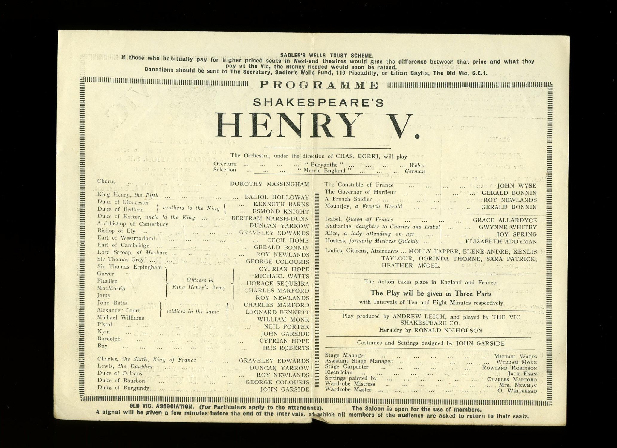 Henry V: Souvenir Theatre Programme Performed at The Old Vic. The Royal ...