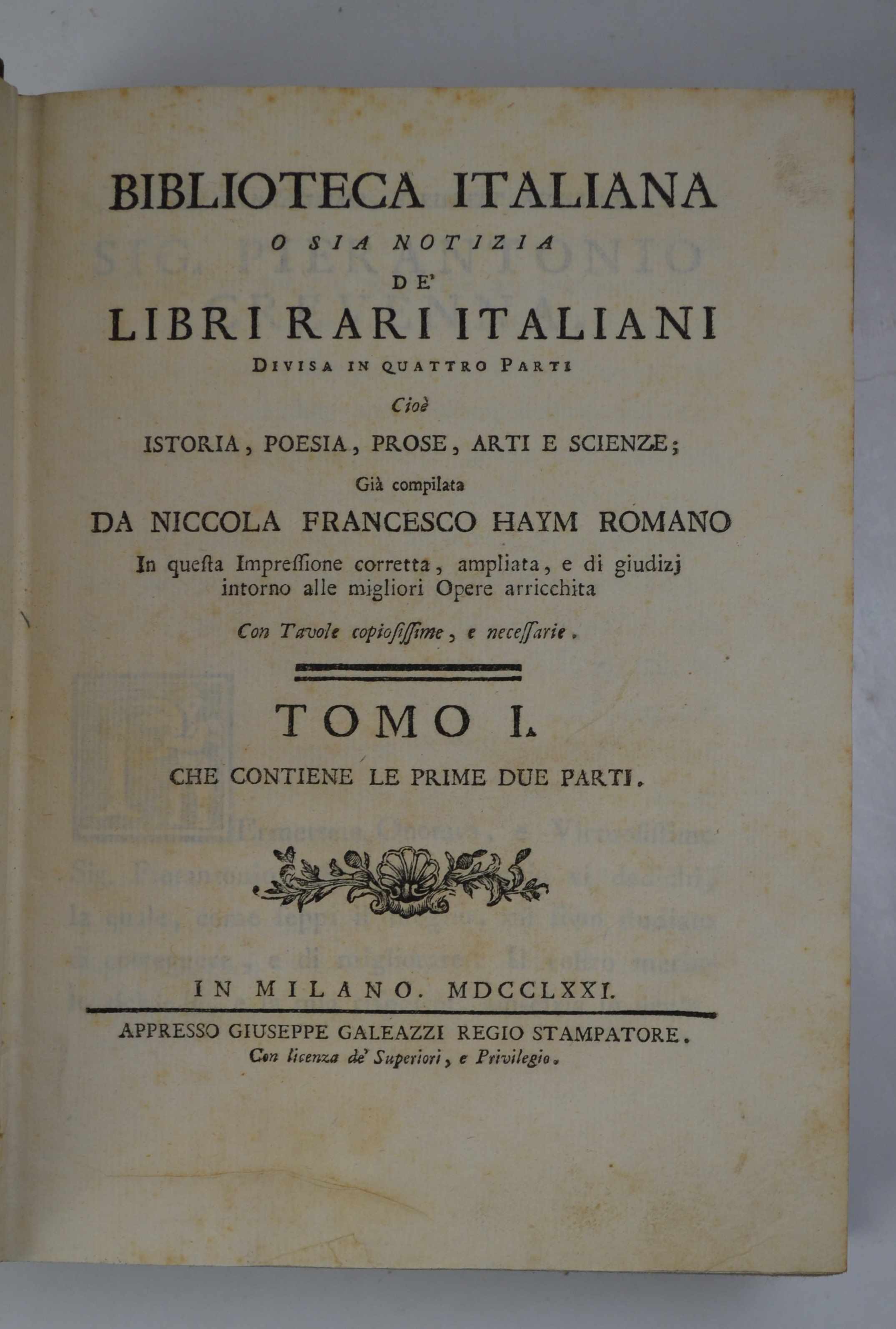 Biblioteca italiana o sia notizia de' libri rari italiani divisa in ...