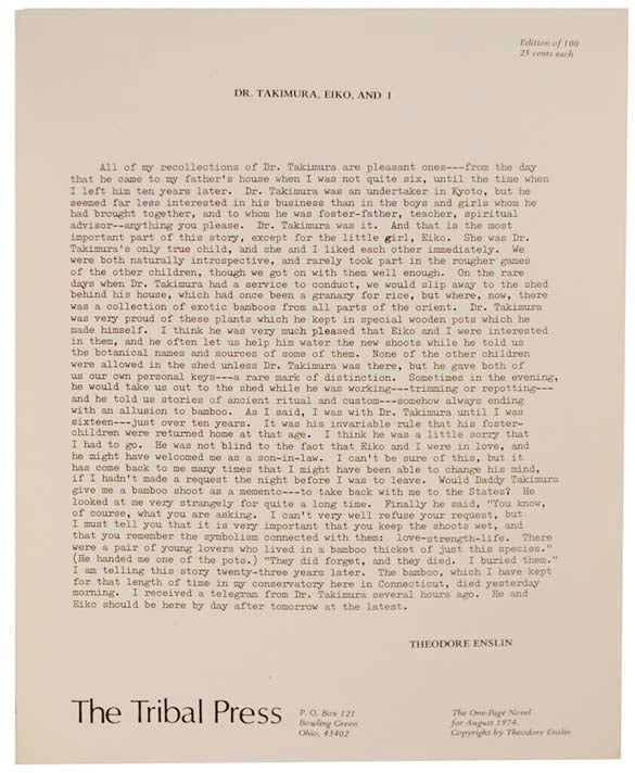Dr. Takimura, Eiko, and I (Broadside) by ENSLIN, Theodore: (1974 ...
