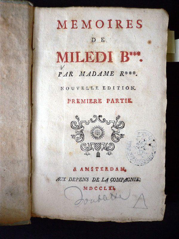 Memoires de Miledi B***. Par Madame R*** von RICCOBONI Marie-Jeanne ...