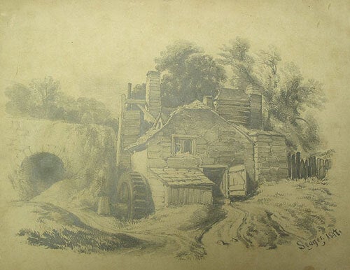 Pencil Drawing: Working mill with wheel von Seager, Edward (1809-1887 ...