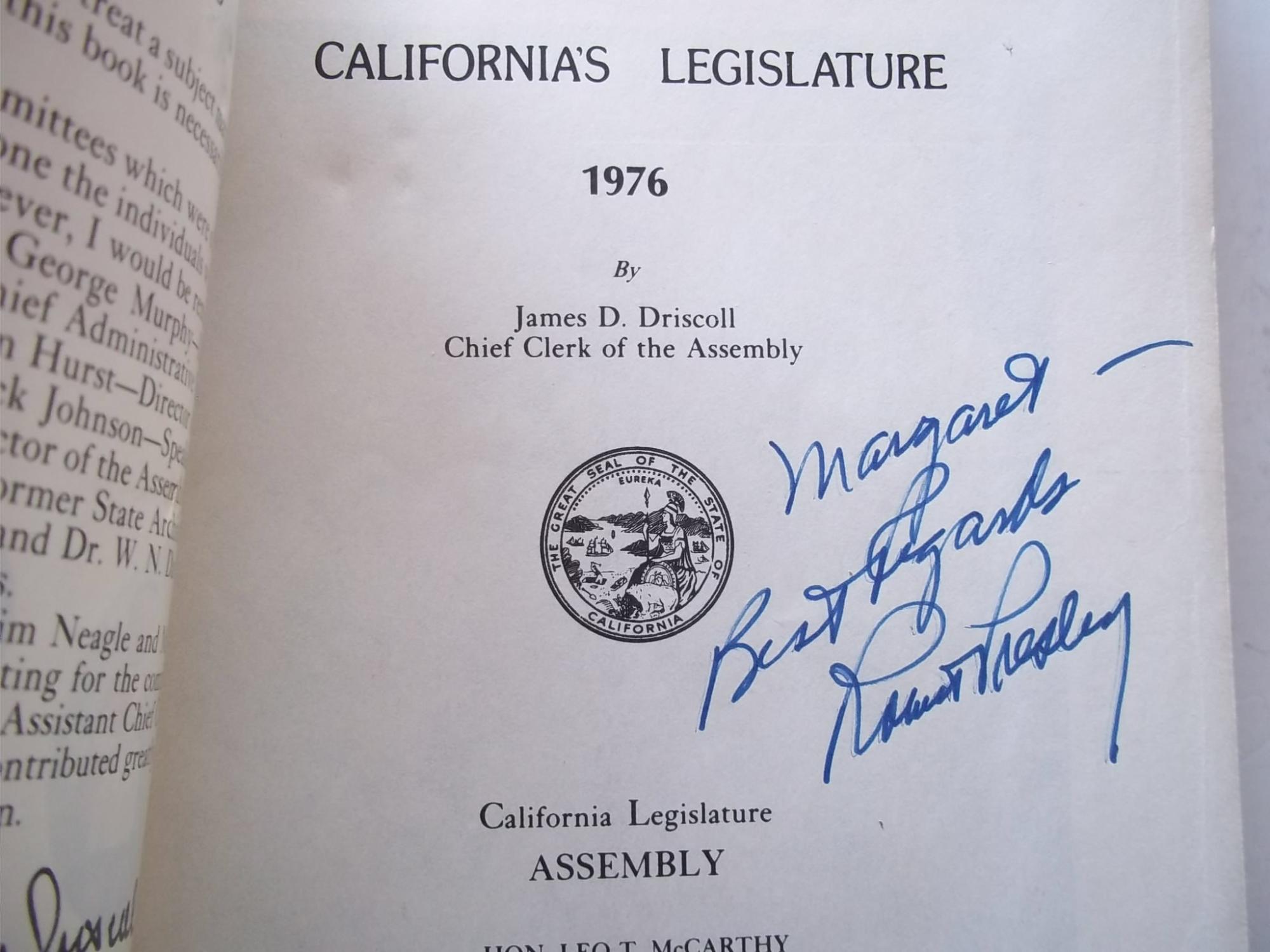California's Legislature 1976 (Signed By Then-California State Senator ...
