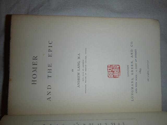Homer and the Epic by Lang, Andrew: Very Good Hardcover (1893) 1st ...