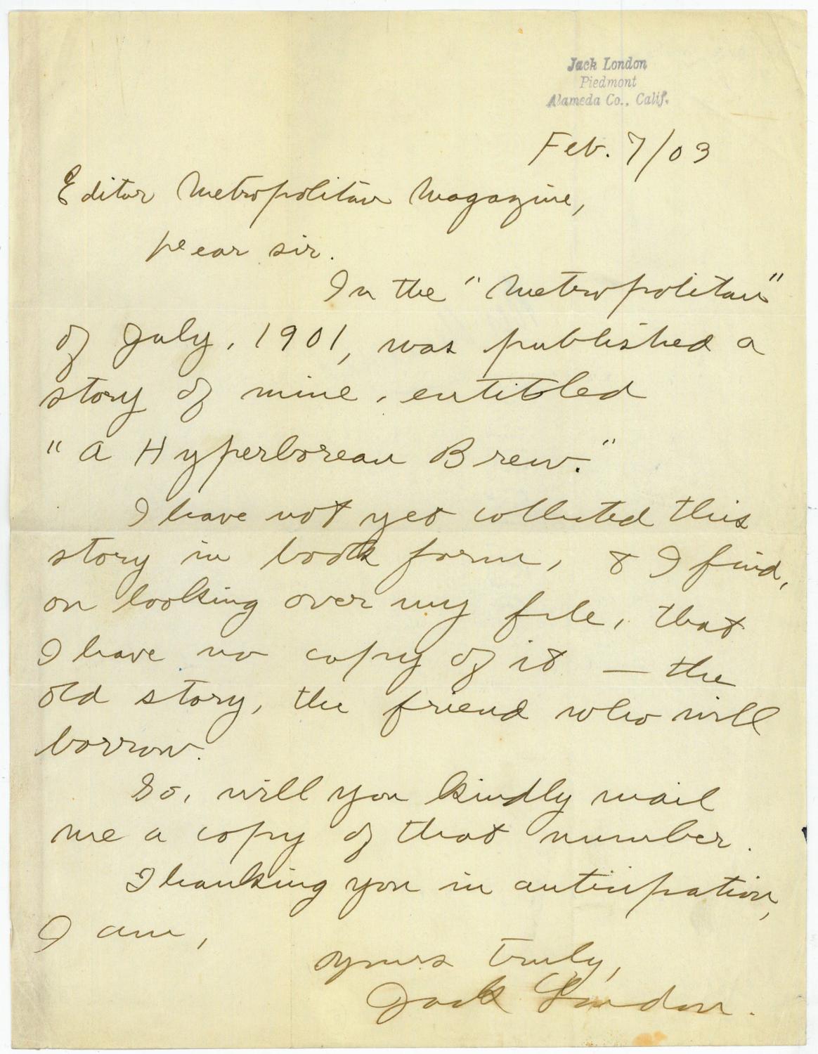 Autograph letter signed. by London, Jack, American writer (1876-1916 ...