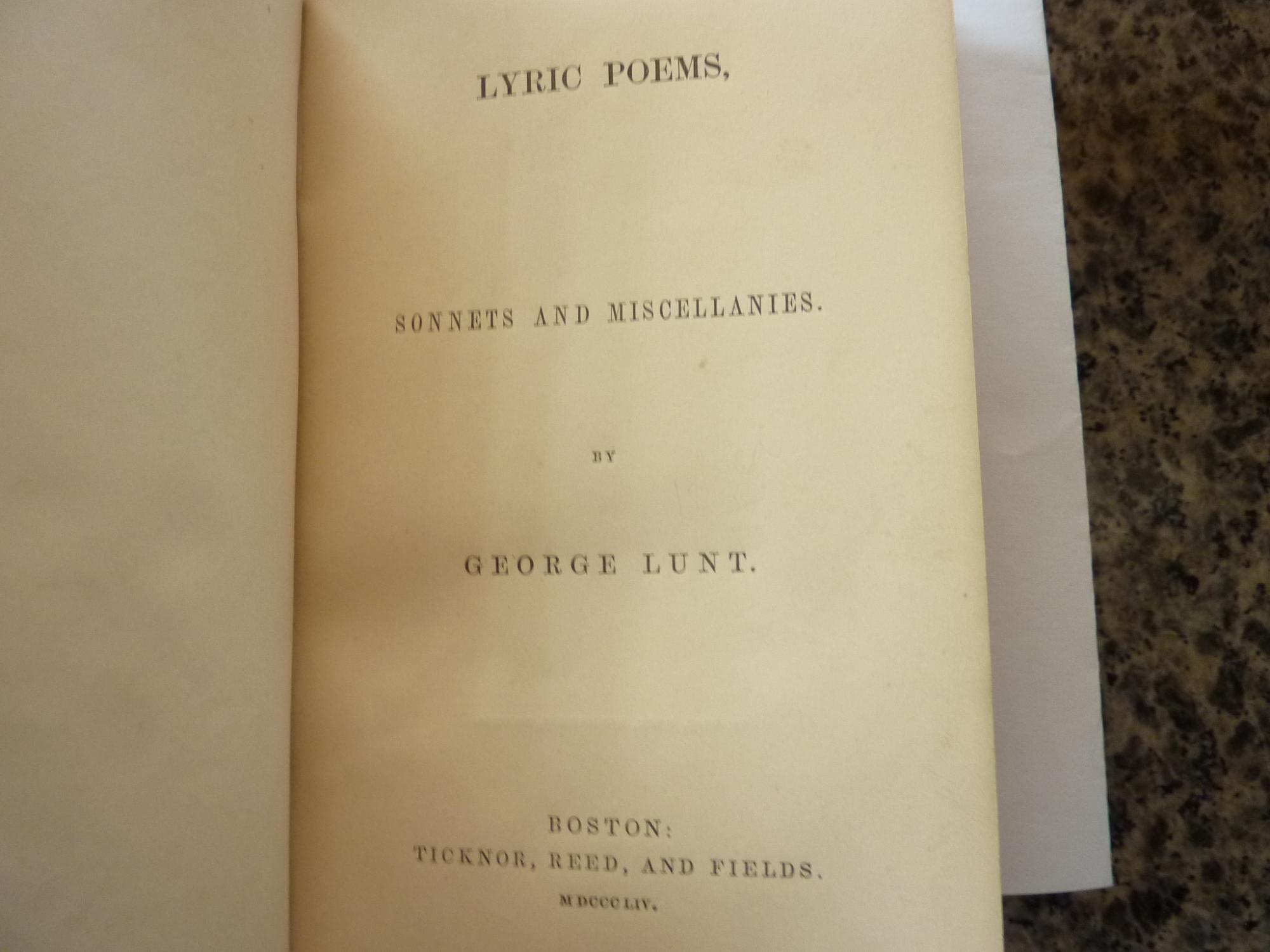 Lyric Poems by Lunt, George: Near Fine Hardcover (1854) 1st Edition ...