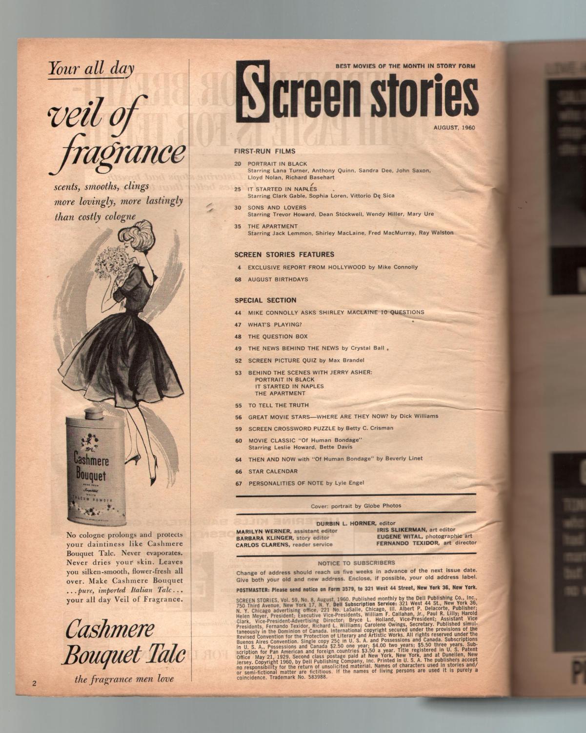 Screen Stories-Liz Taylor-Lana Turner-Sandra Dee-Clark Gable-8/1960 ...