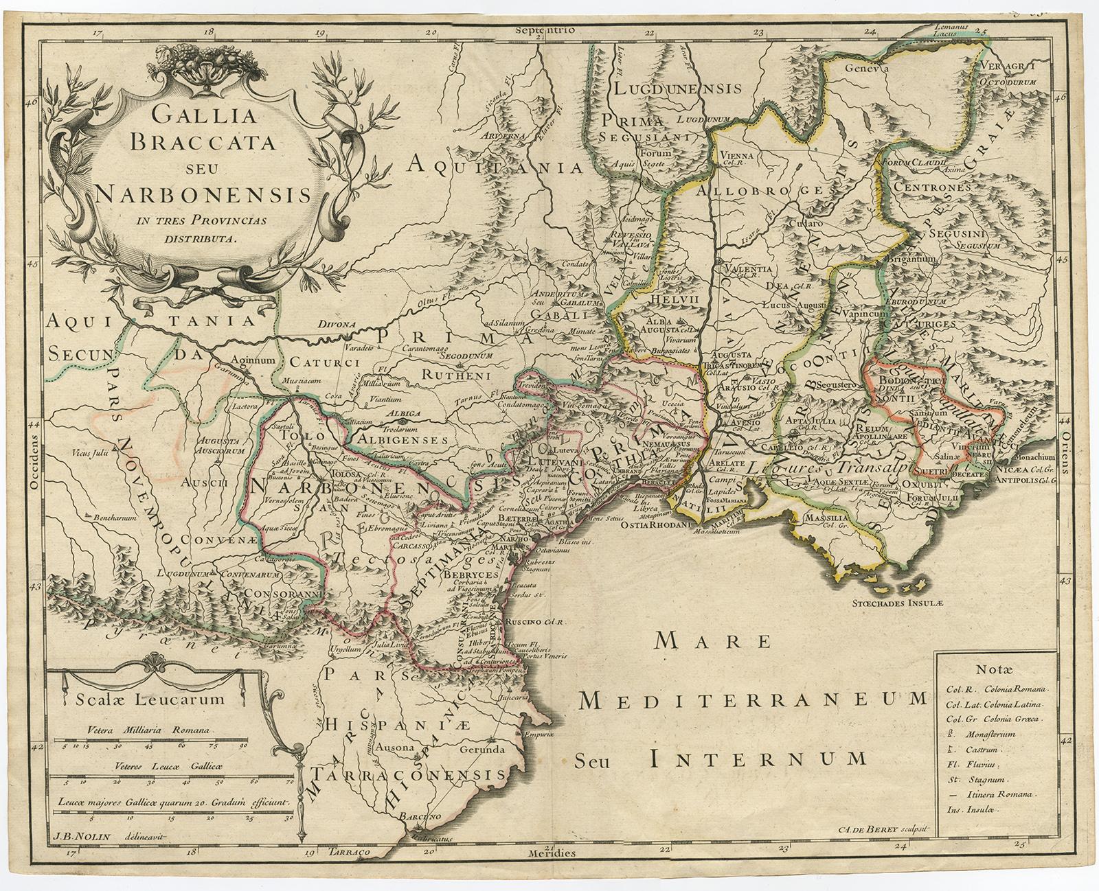 Antique Map of Gallia / Gaul by De Berey (c.1700) by C.A. de Berey ...