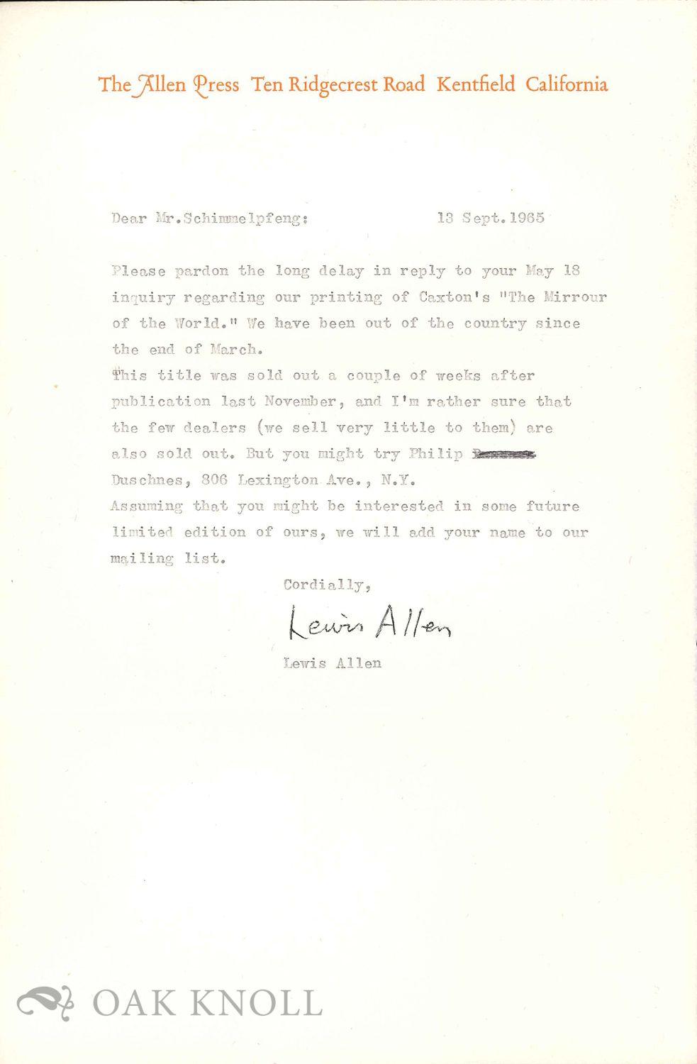 Four letters from Lewis Allen to Richard Schimmelpfeng by Allen, Lewis ...
