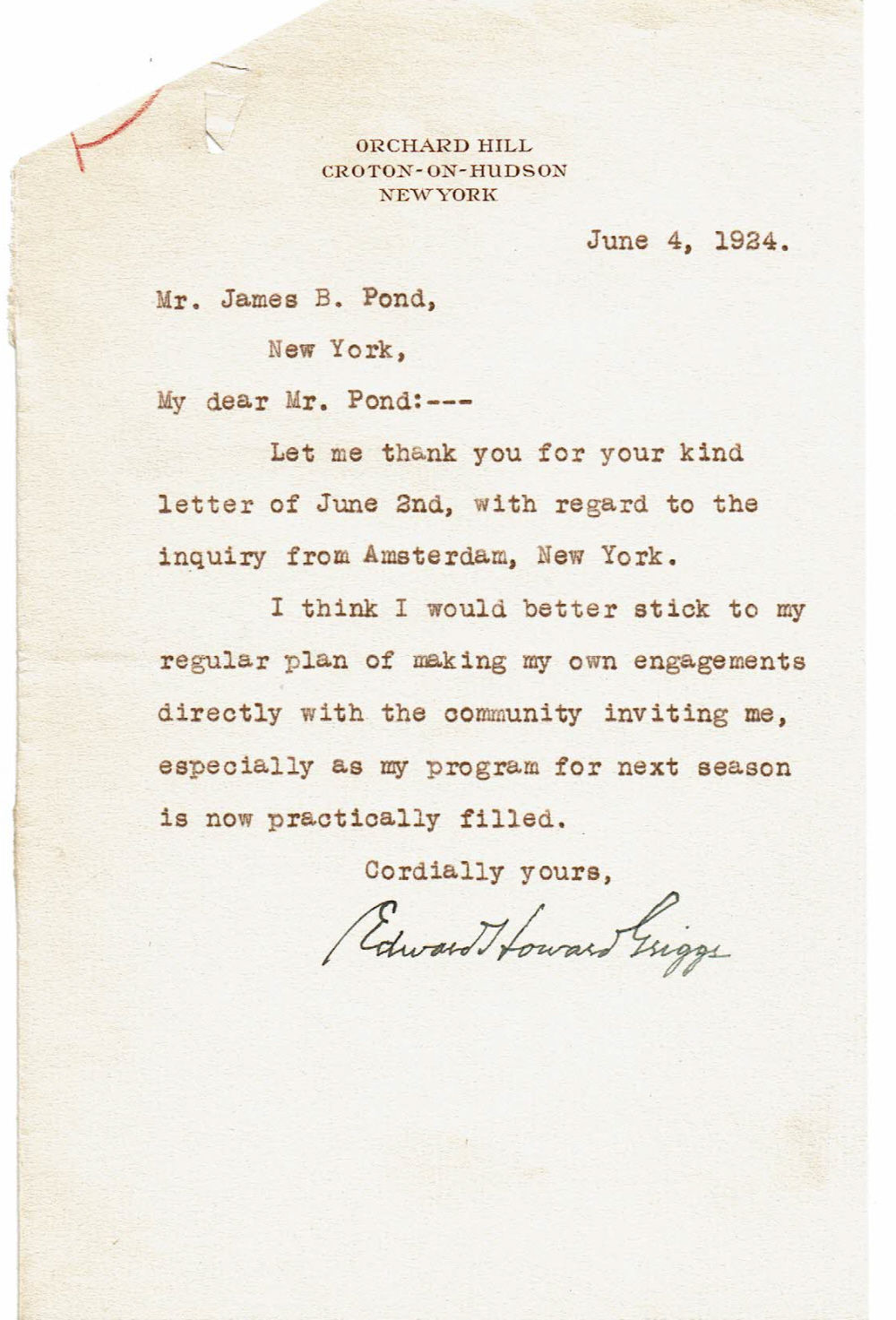 TYPED LETTER ABOUT LECTURING IN AMSTERDAM, NEW YORK SIGNED BY ...