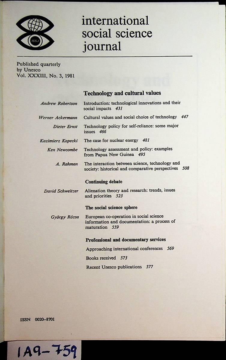 Technology and cultural values. (=International social science journal ; 33,3): (1981 ...