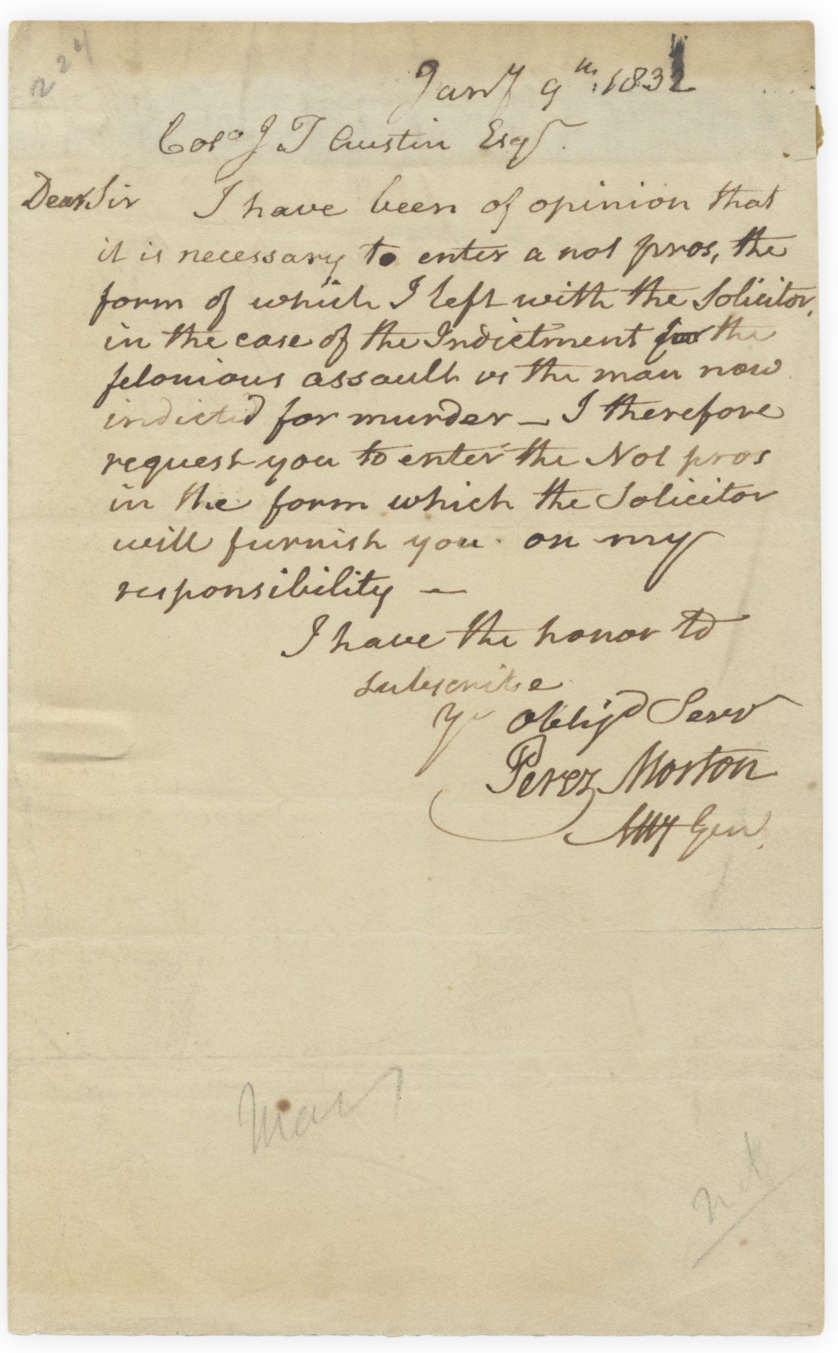 1832 Autograph Letter Signed from Perez Morton, Revolutionary War ...