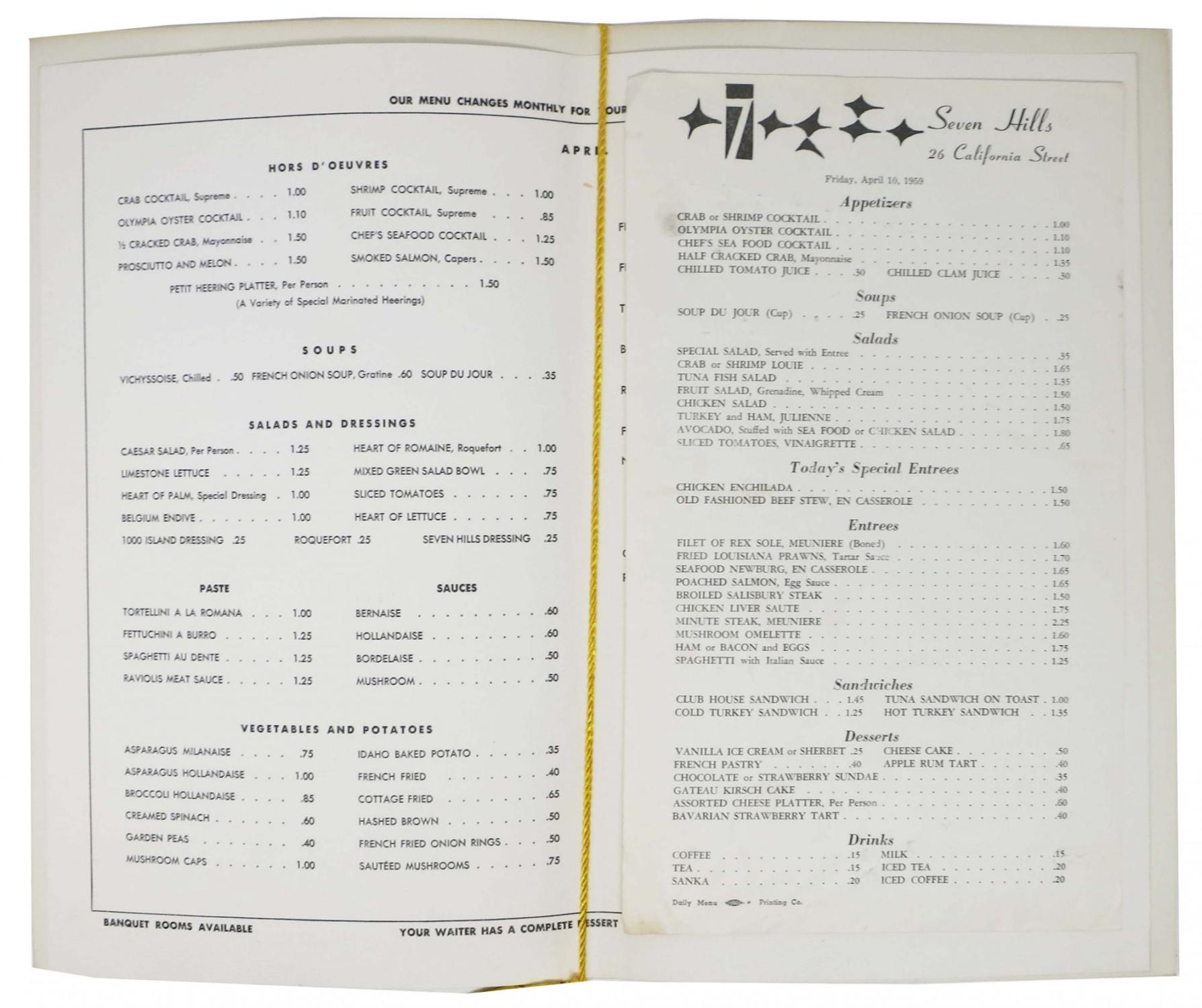 SEVEN HILLS.; 26 California Street by [Restaurant Menu - San Francisco ...