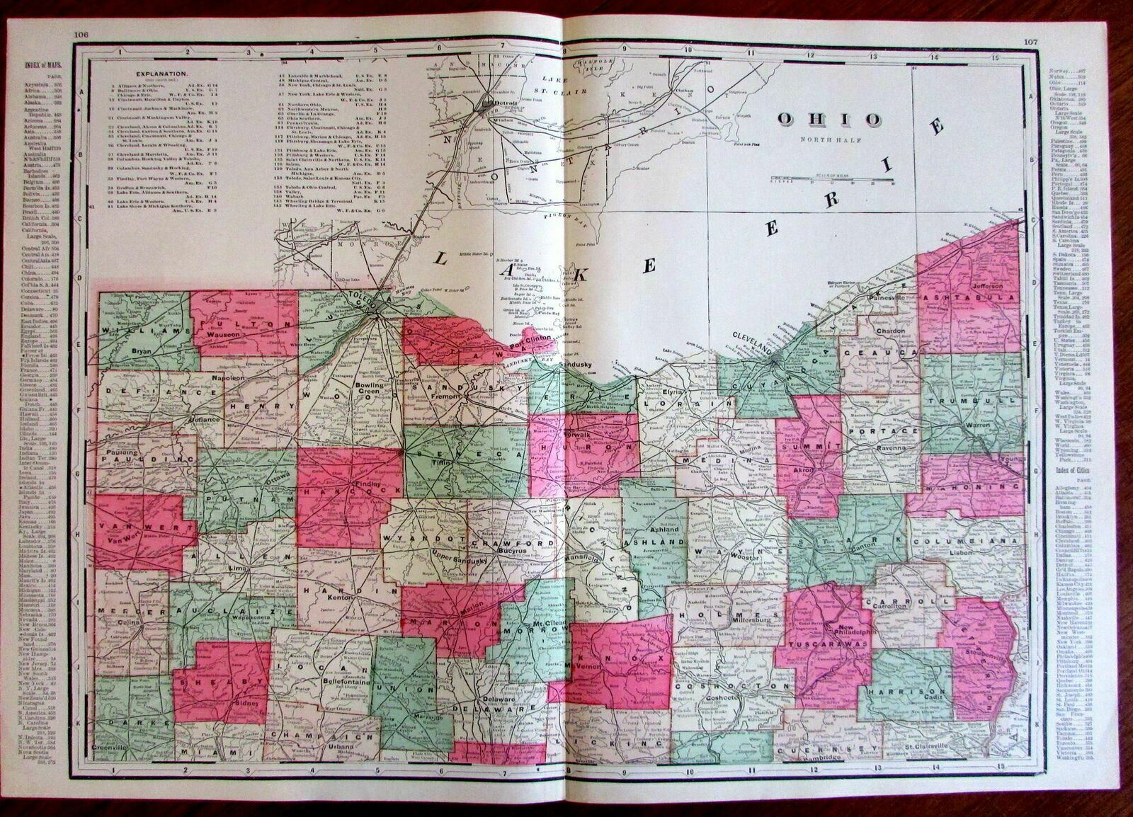 Ohio state by itself c.1880's large lithographed hand color old map 2 ...