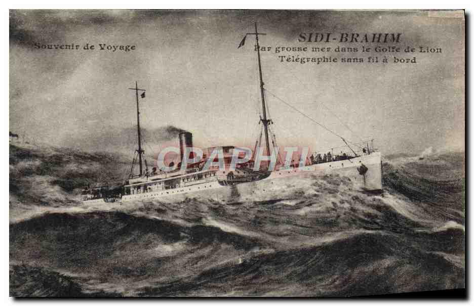 Carte Postale Ancienne Bateau Sidi Brahim par grosse mer dans le golfe de Lion Telegraphie sans ...