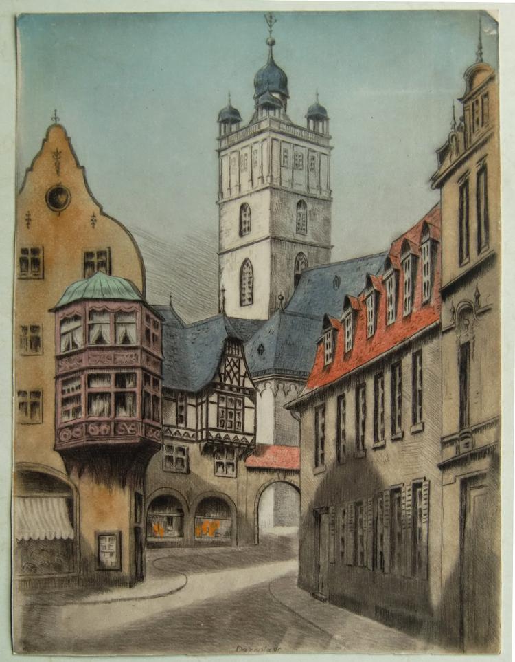 Darmstadt, colorierte Radierung aus den 30er Jahren (K): Kunst / Grafik ...