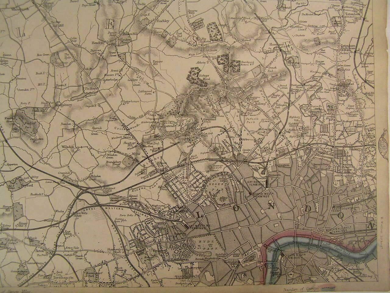 London environs 1861 Weller large old 4 sheet detailed map England U.K ...
