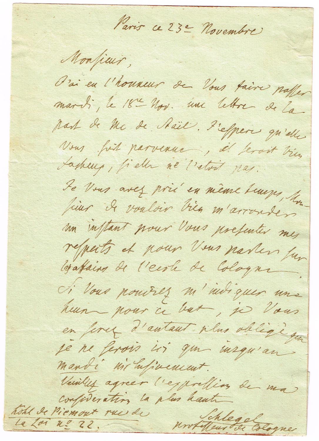 Lettre autographe signée au baron de Gérando. de Schlegel, Friedrich ...