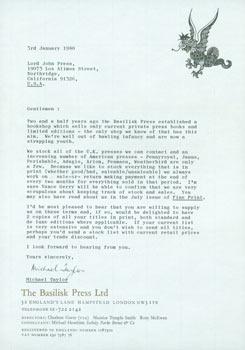TLS Michael Taylor (Basilisk Press) to Herb Yellin. January 3, 1980. RE ...
