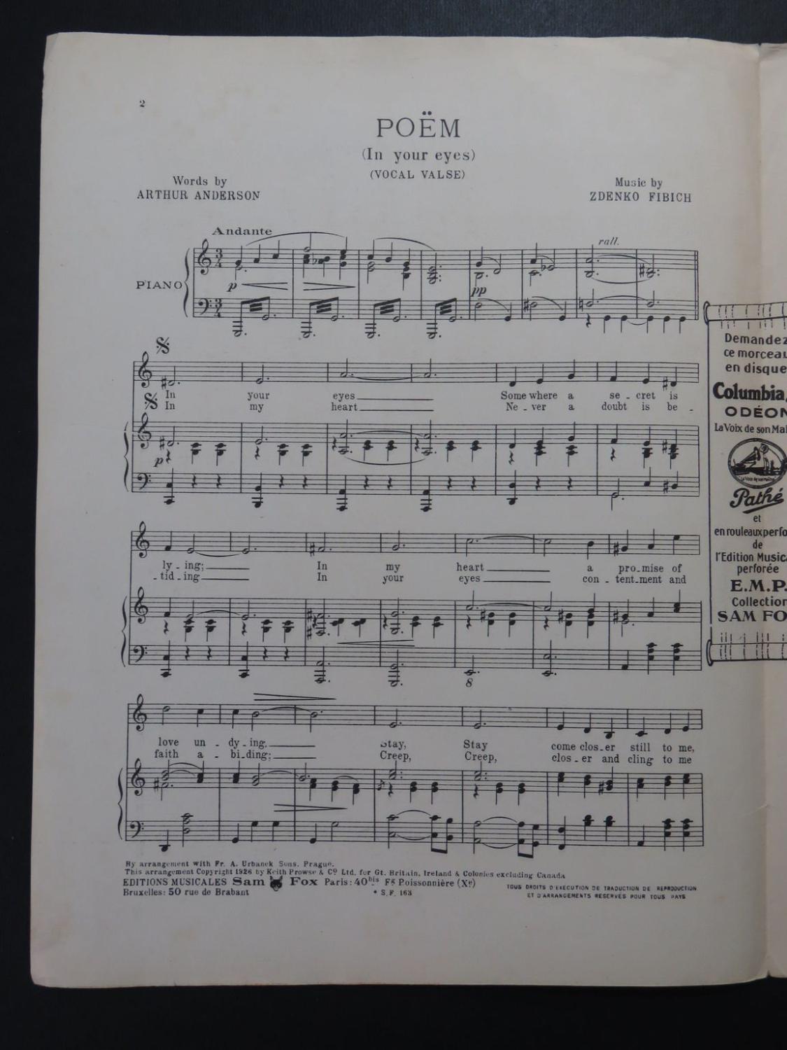 FIBICH Zdenko Poëm Chant Piano 1926 by FIBICH Zdenko Poëm Chant Piano ...