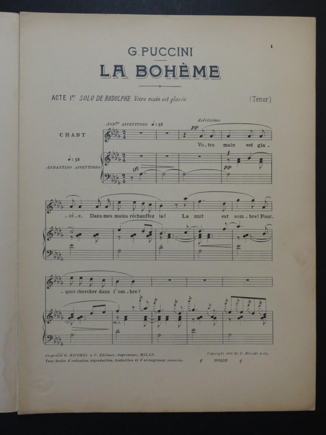 PUCCINI Giacomo La Bohème Solo de Rodolphe Chant Piano 1900 by PUCCINI ...